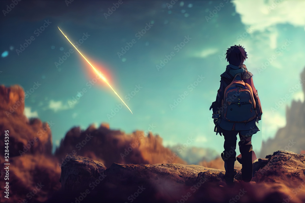 Adventurer walking on a mountain path. A warrior fantasy character with ...