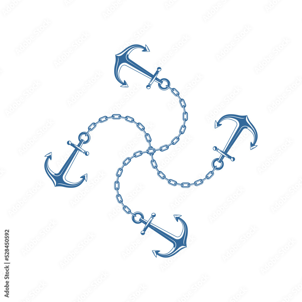 Nautical Anchor with chain links, isolated white background. Ship ...