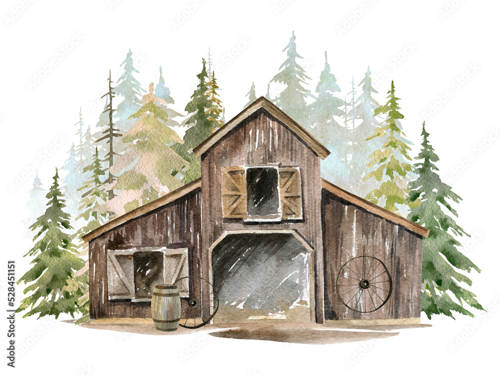 Watercolor wooden Barn, Farmhouse, Forest landscape, Nature background ...