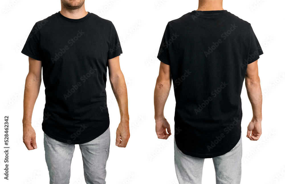 man in black blank long fit t-shirt. front and back mockup template for ...