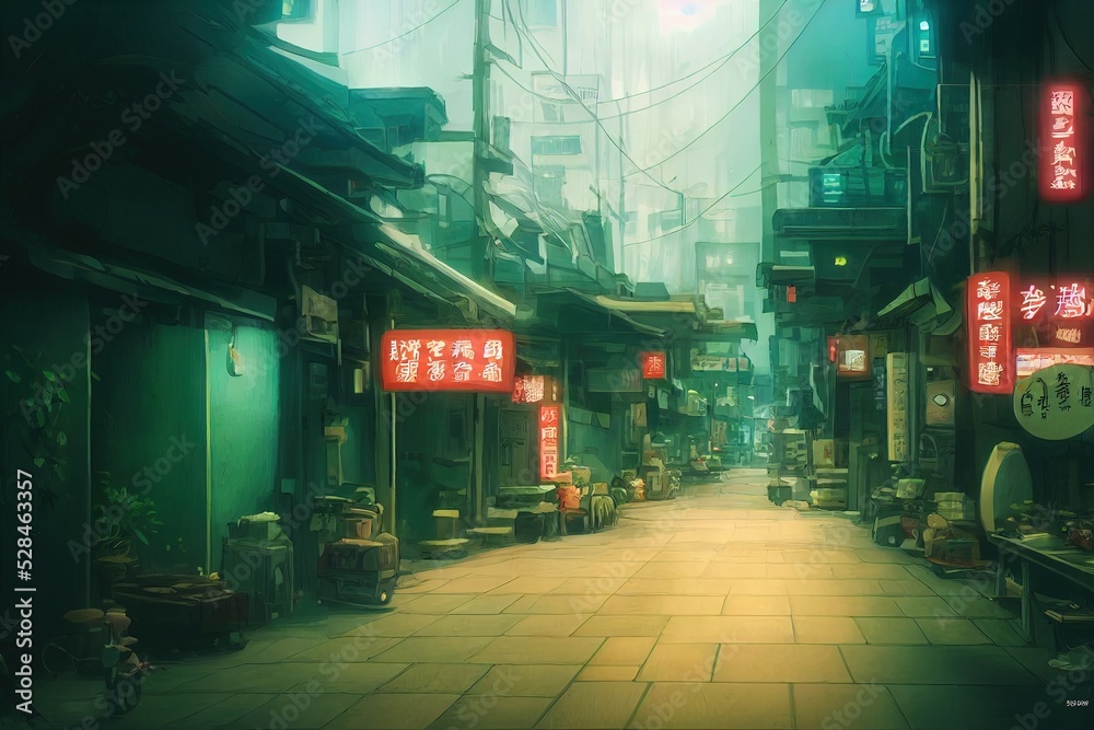 Beautiful calm relaxing japanese, asian streets. Digital painting ...