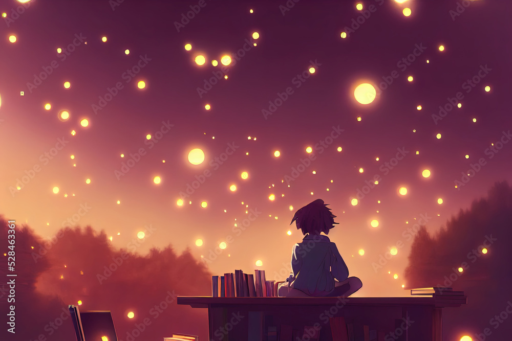 Kid dreaming, imagination, illustration. Books, library, creativity ...