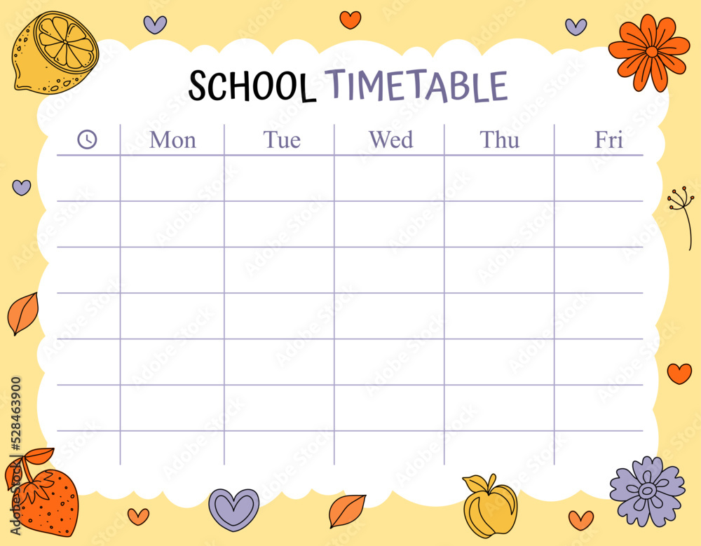 School timetable. Printable planner, organizer. Hand-drawn notes, to do ...