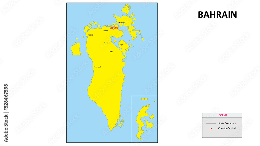 Bahrain Map. Main city map of Bahrain. Political map of Bahrain. Stock ...