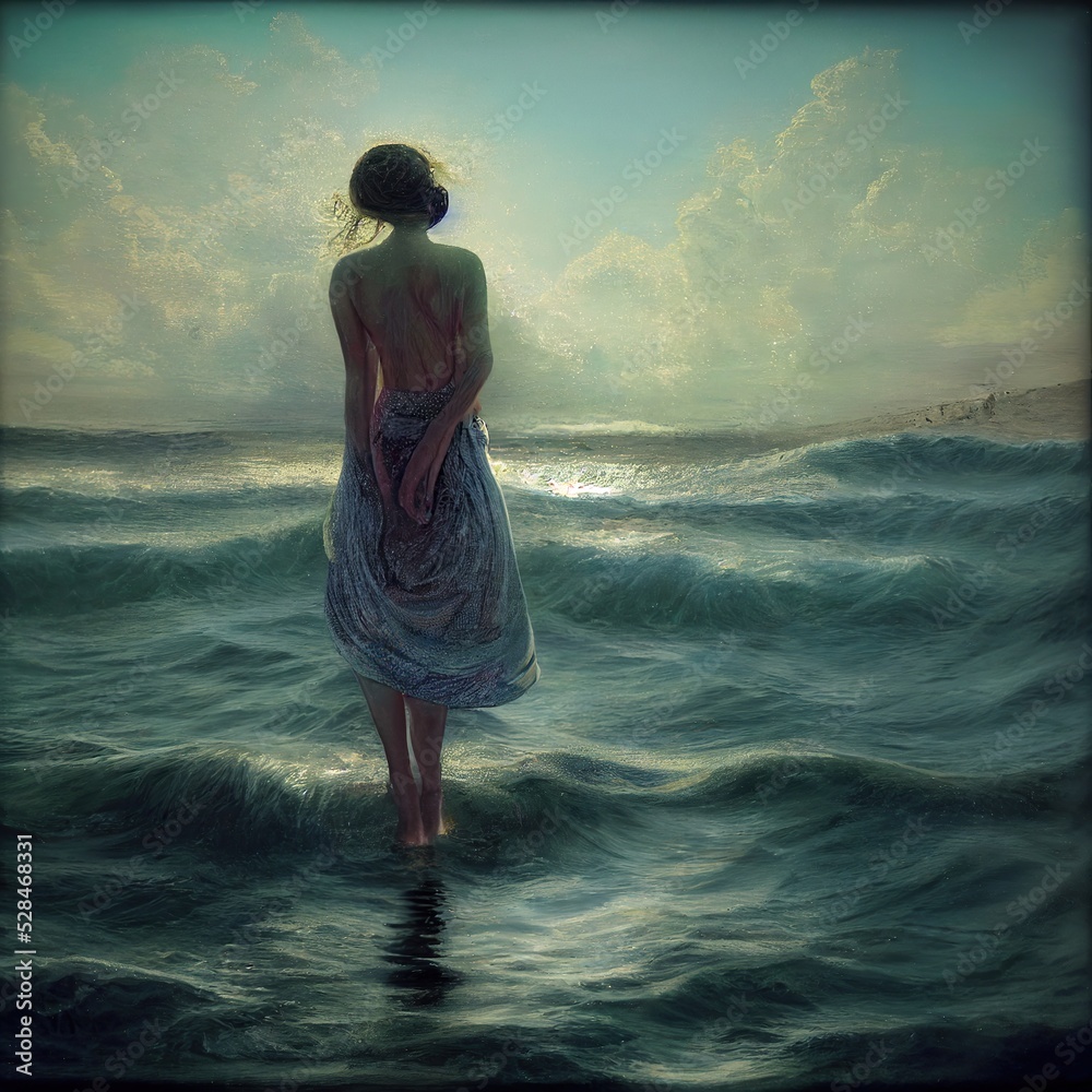 Beautiful Woman Emerging From The Sea - Digital 3d Illustration AI Art ...