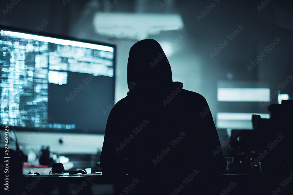 Hooded hacker hacking on a screen. Hack illustration. Green text ...