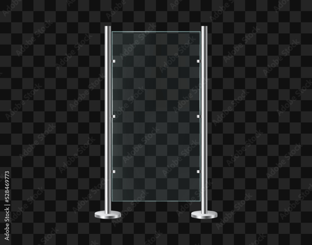 Blank glass screen with metal racks. Banner. 3d template for your ...