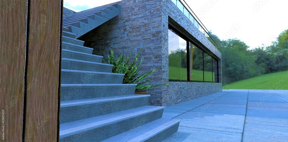 Concrete staircase to the second floor of a modern newly built house ...