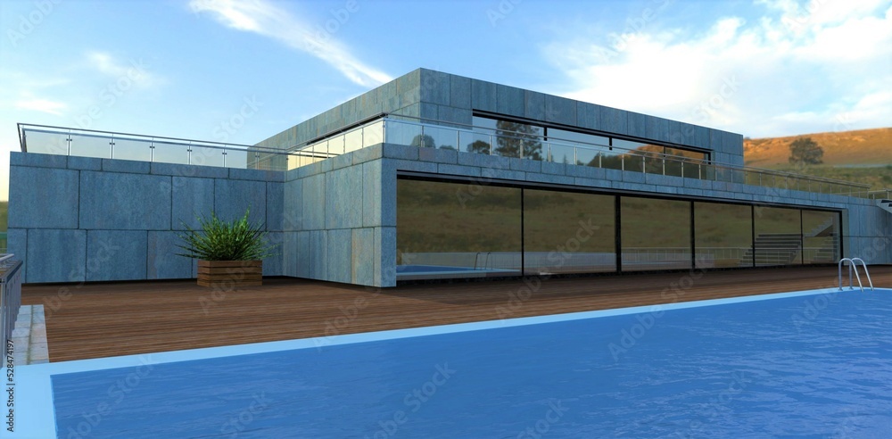 Rooftop pool on an advanced private estate. Floor covering terrace ...