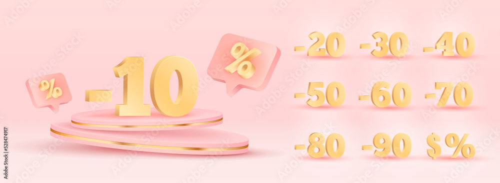 Sale podium. 3D Gold Discount numbers on podium. Price off tag design ...