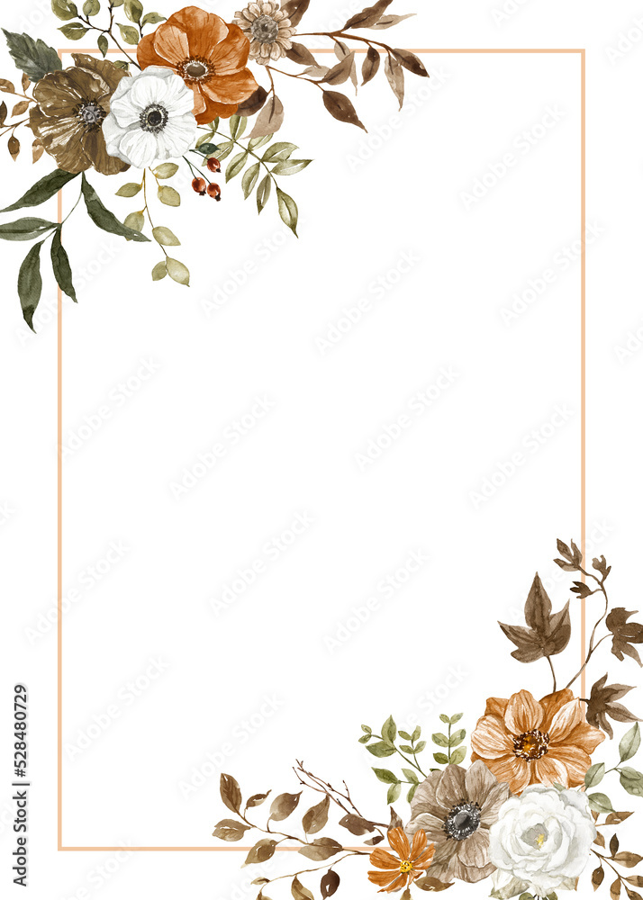 Floral border with rust, brown and white flowers and tree leaves. Fall ...