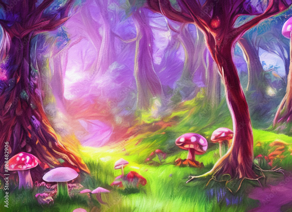 Watercolor and oil fantasy forest landscape, magic trees, mushrooms ...