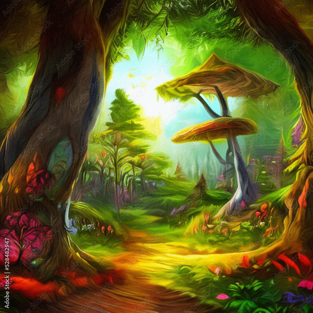 Watercolor and oil fantasy forest landscape, magic trees, mushrooms ...
