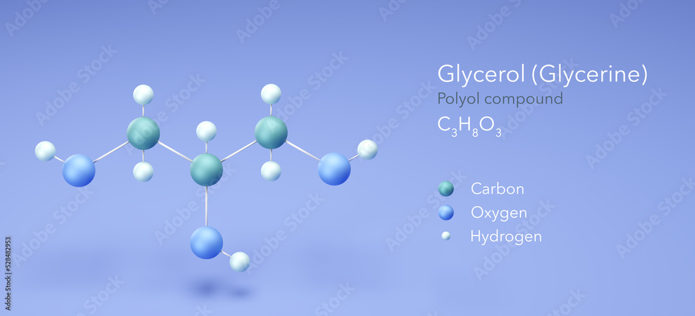 Glycerol, glycerin, Polyol compound, molecular structures, 3d model ...