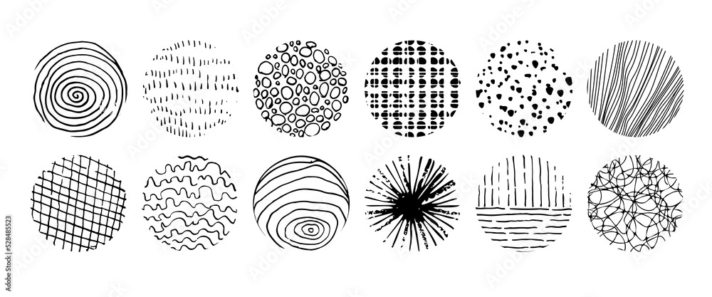 Set of round abstract black hand drawn doodle shapes. Spots, drops ...