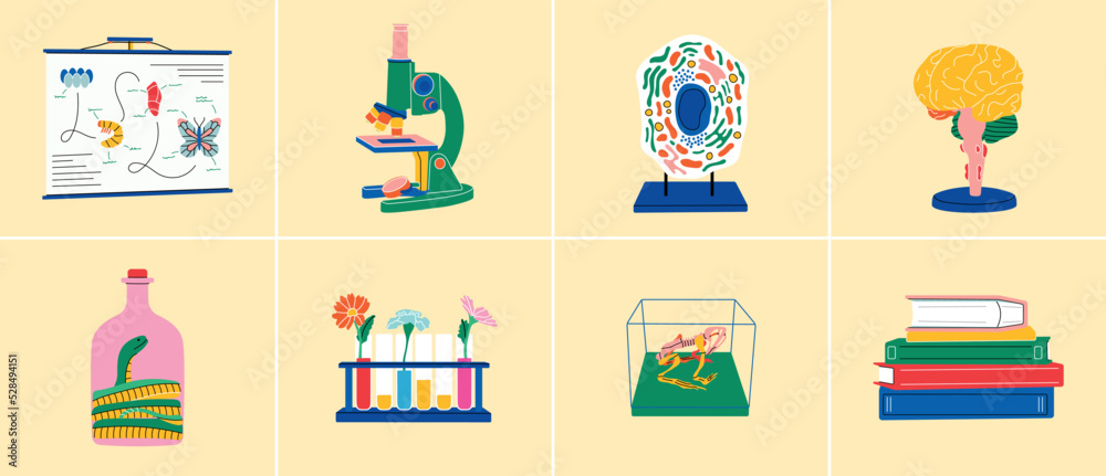 Set of biology objects, flat line style. Microscope, cell, snake, books ...