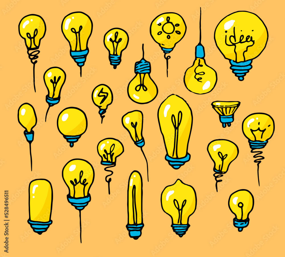 a set of yellow light bulbs . Hand-drawn cartoon-style isolated bright ...
