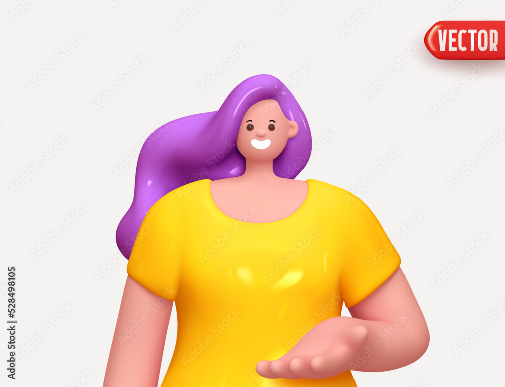 Happy cheerful young woman hold open palm arm. Young handsome girl ...