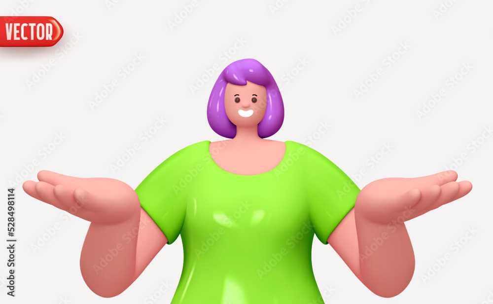 Happy cheerful young woman hold open two palm arm. Young handsome girl ...