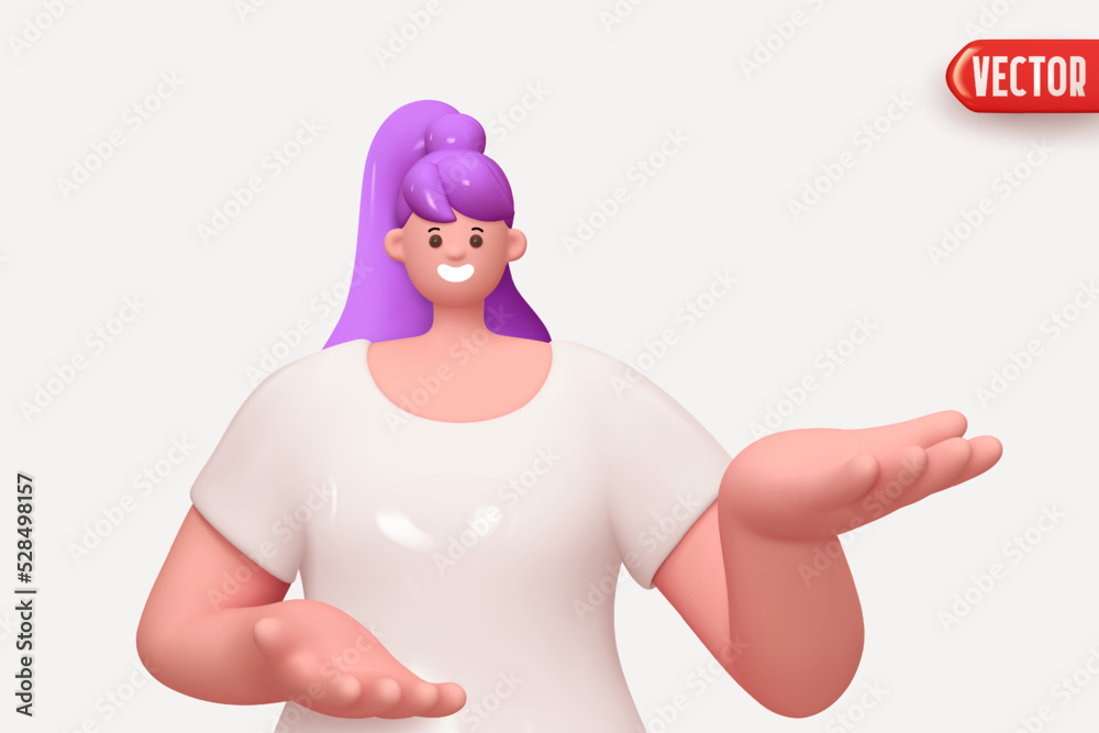 Happy cheerful young woman hold open two palm arm. Young handsome girl ...