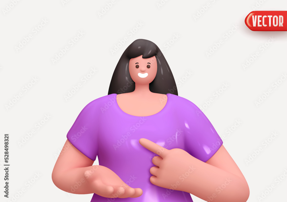 Happy cheerful young woman hold open palm arm and points finger. Young ...