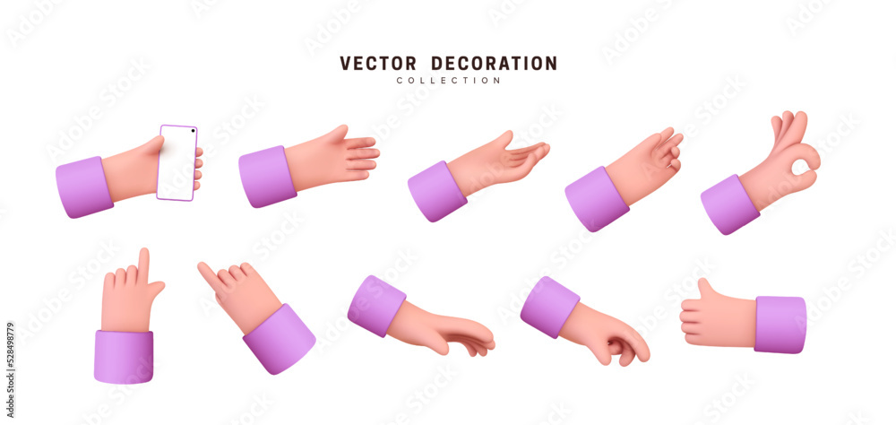 Hands set of realistic 3d design in cartoon style. Hand shows different ...