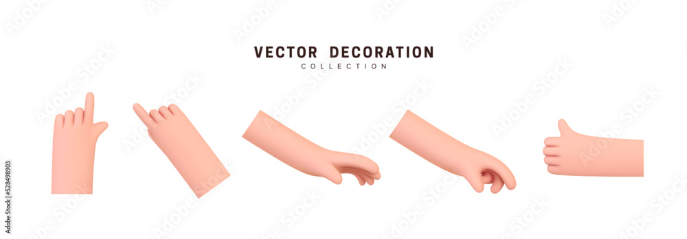 Hands set of realistic 3d design in cartoon style. Hand shows different ...