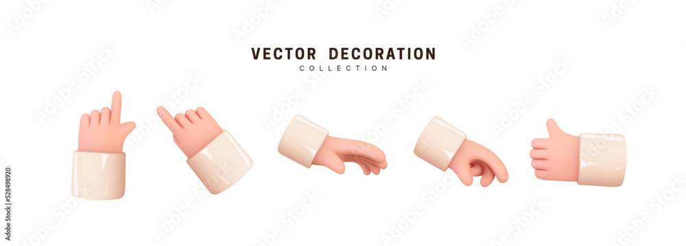 Hands set of realistic 3d design in cartoon style. Hand shows different ...