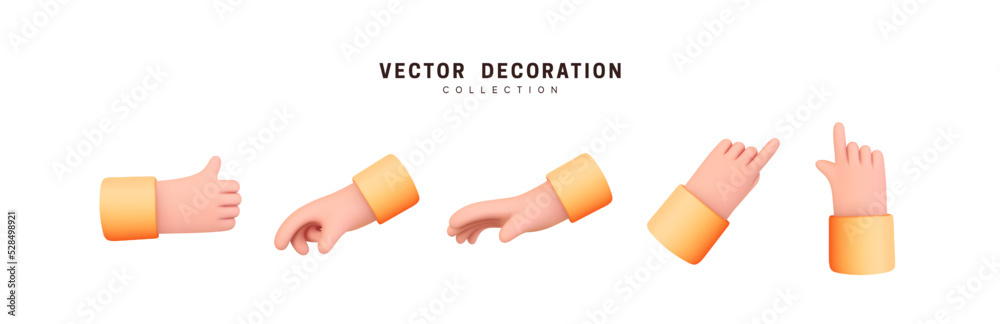 Hands set of realistic 3d design in cartoon style. Hand shows different ...