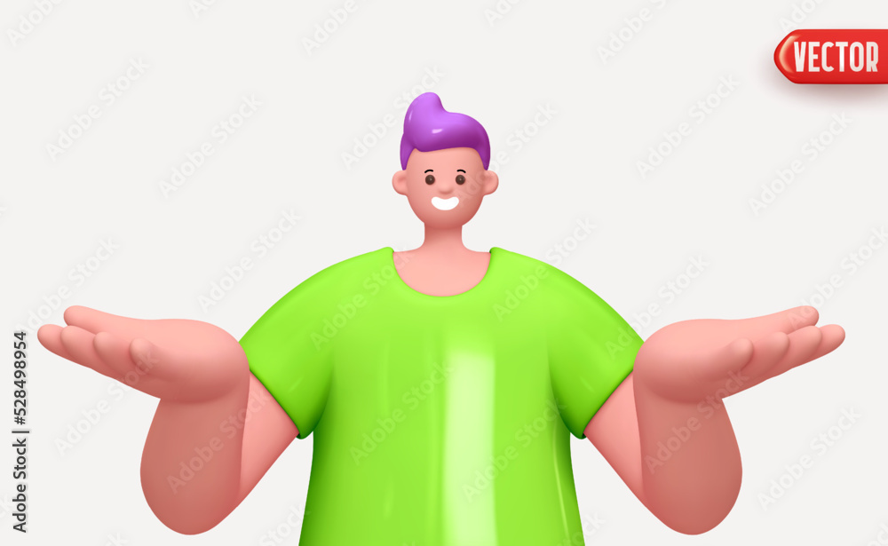 Happy cheerful young man hold open two palm arm. Young handsome boy ...
