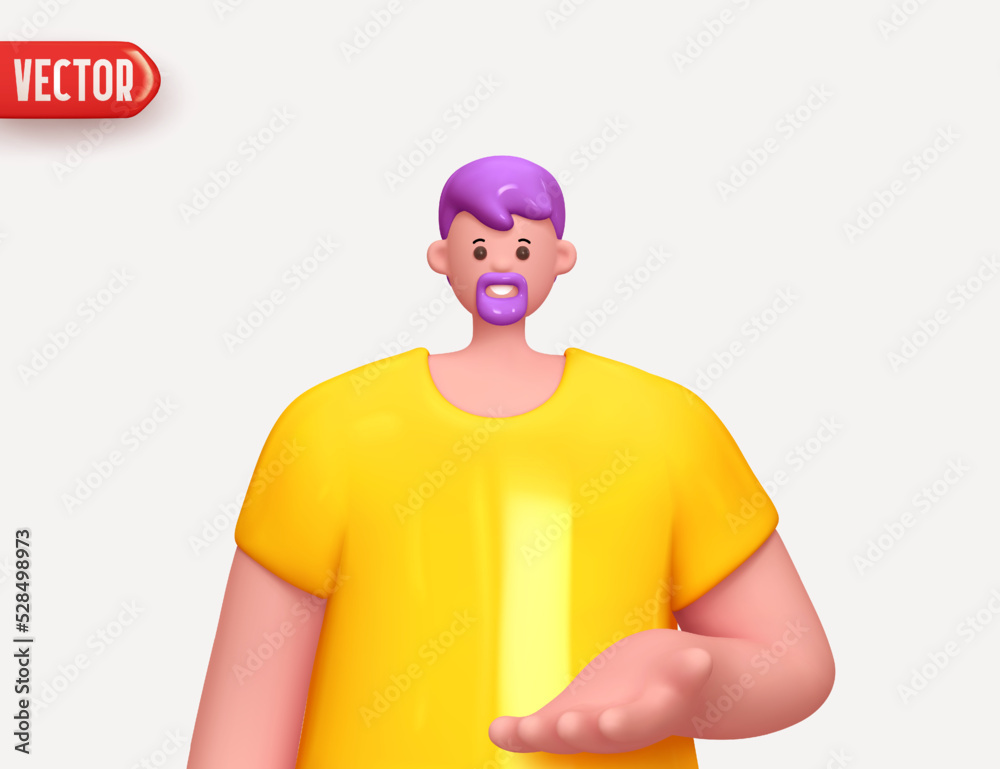 Happy cheerful young man with beard hold open palm arm. Young handsome ...