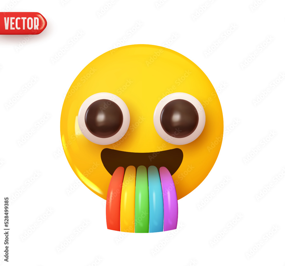Emoji face joyful happy spews a rainbow from the mouth. Emoticon yellow ...