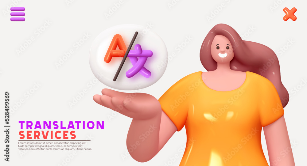 Translator Online service. Happy cheerful young woman hold open palm ...