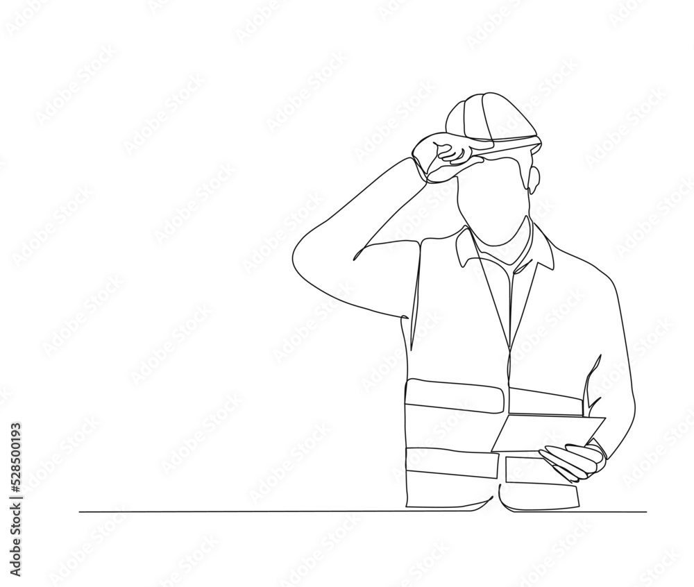 Continuous line drawing of construction worker with blue print paper ...