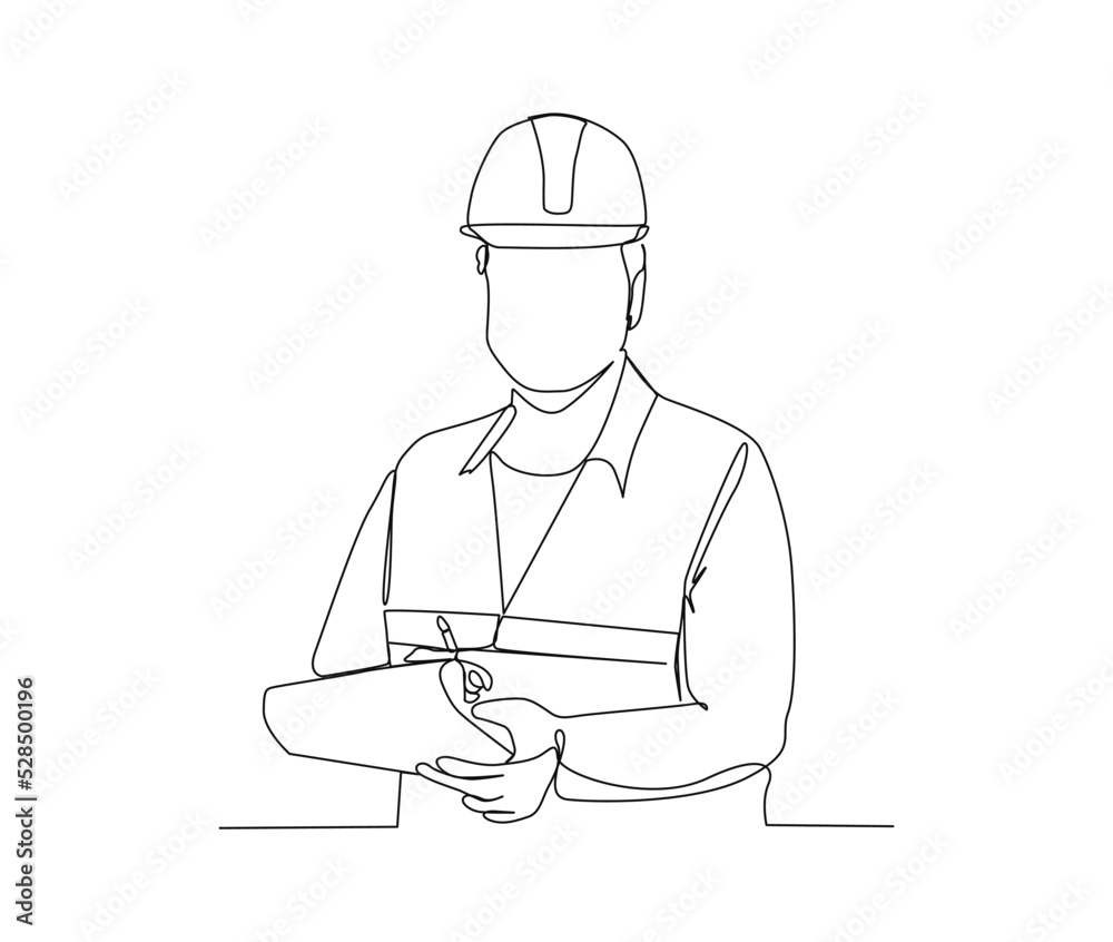 Continuous line drawing of construction worker with blue print paper ...