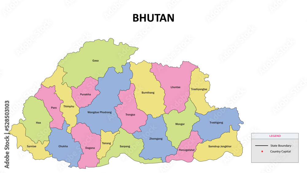 Bhutan Map. State and district map of Bhutan. Detailed colorful map of Bhutan. Stock Vector ...