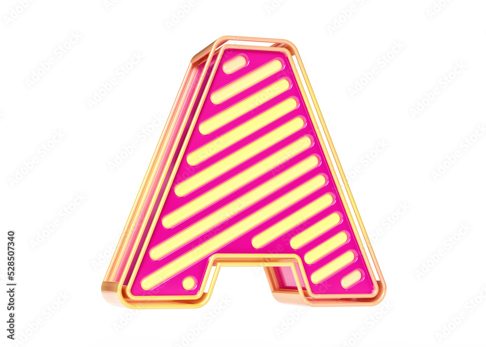 Shiny neon style font letter A in golden yellow and pink color scheme ...
