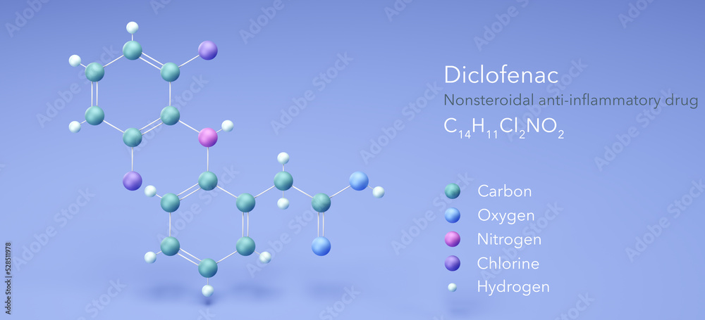diclofenac, nsaid, analgesic, molecular structures, 3d model ...