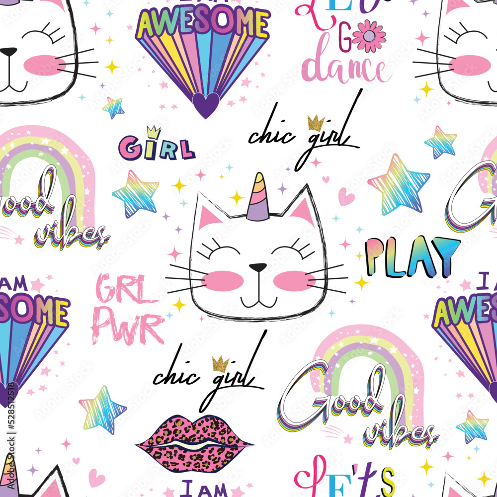 Girls seamless pattern with hearts, words and hand drawing elements ...