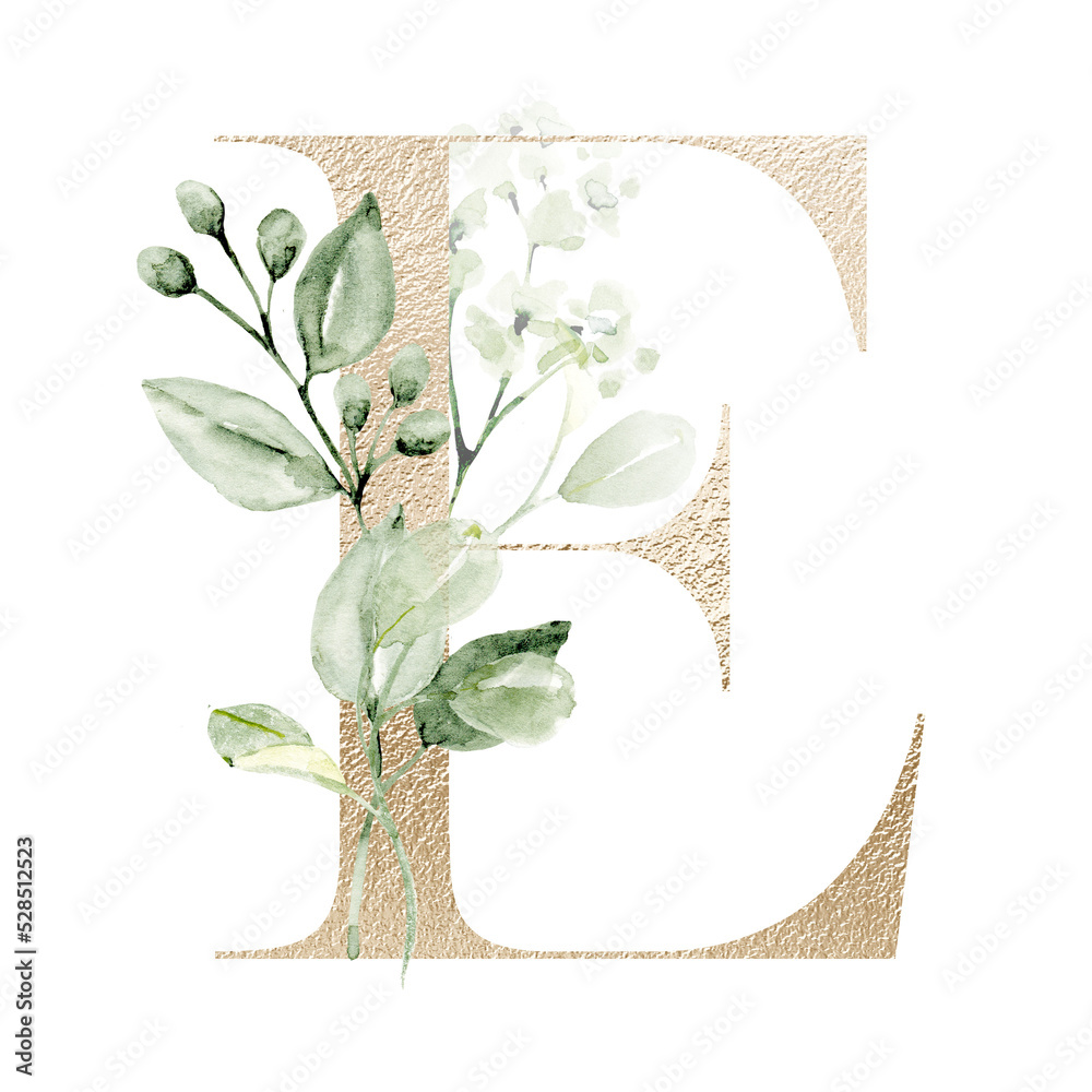 Floral alphabet, letter E with watercolor flowers and leaf. Monogram ...