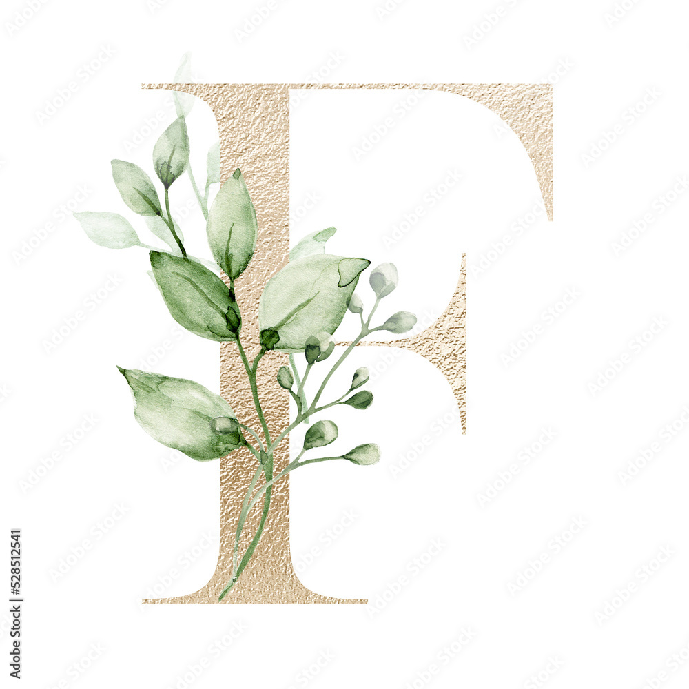 Floral alphabet, letter F with watercolor flowers and leaf. Monogram ...