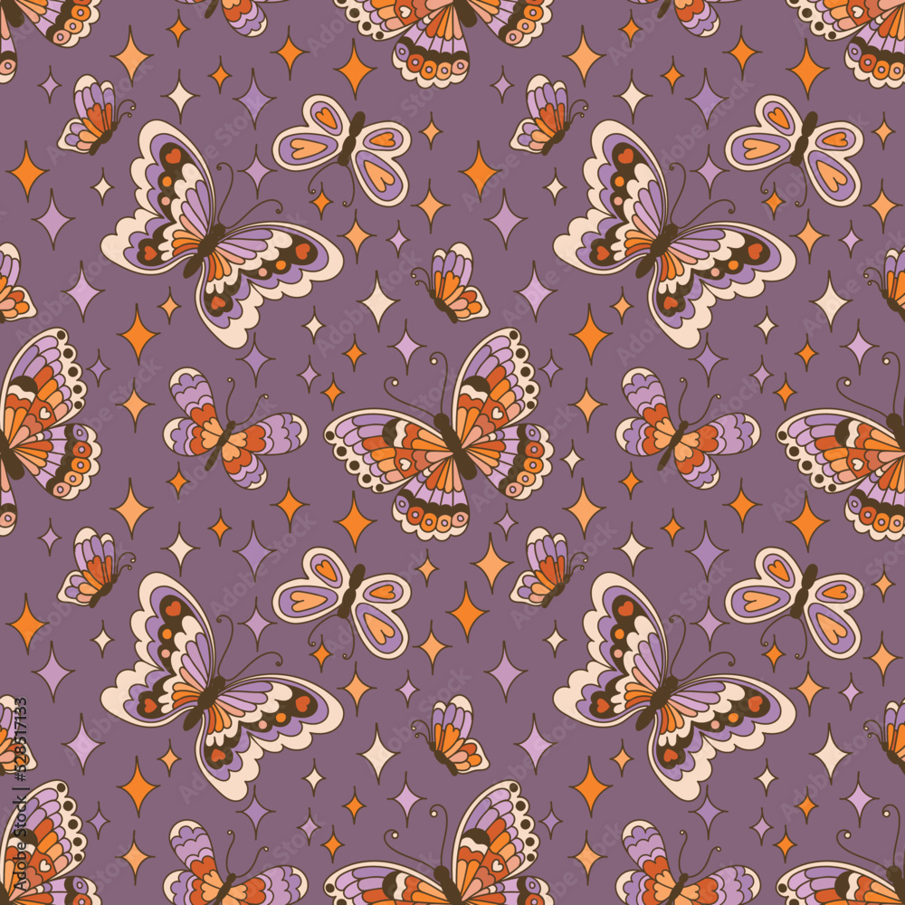 Boho 70s 60s Hippie Summer Groovy Butterfly vector seamless pattern ...