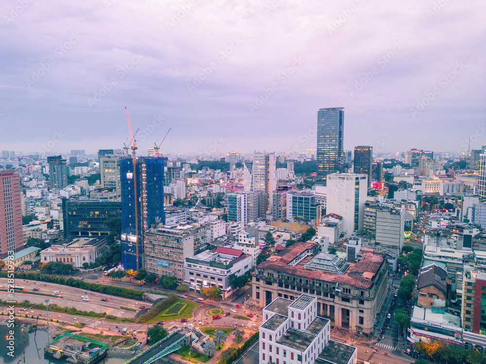 Aerial panoramic cityscape view of Ho Chi Minh city and Saigon river ...