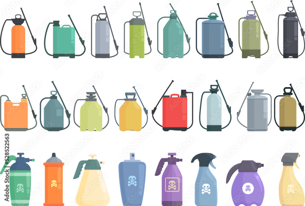 Pesticide sprayer icons set cartoon vector. Pressure garden. Lawn tank ...