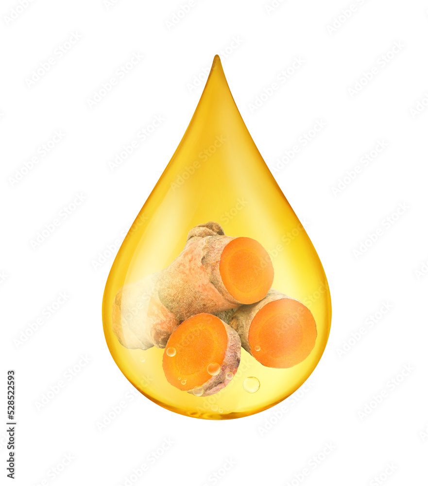 Drop of Turmeric (Curcuma longa Linn) essential oil with slided insinde ...