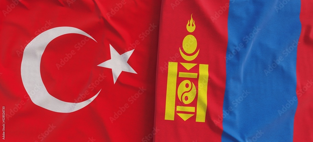 Flags of Turkey and Mongolia. Linen flag close-up. Flag made of canvas ...