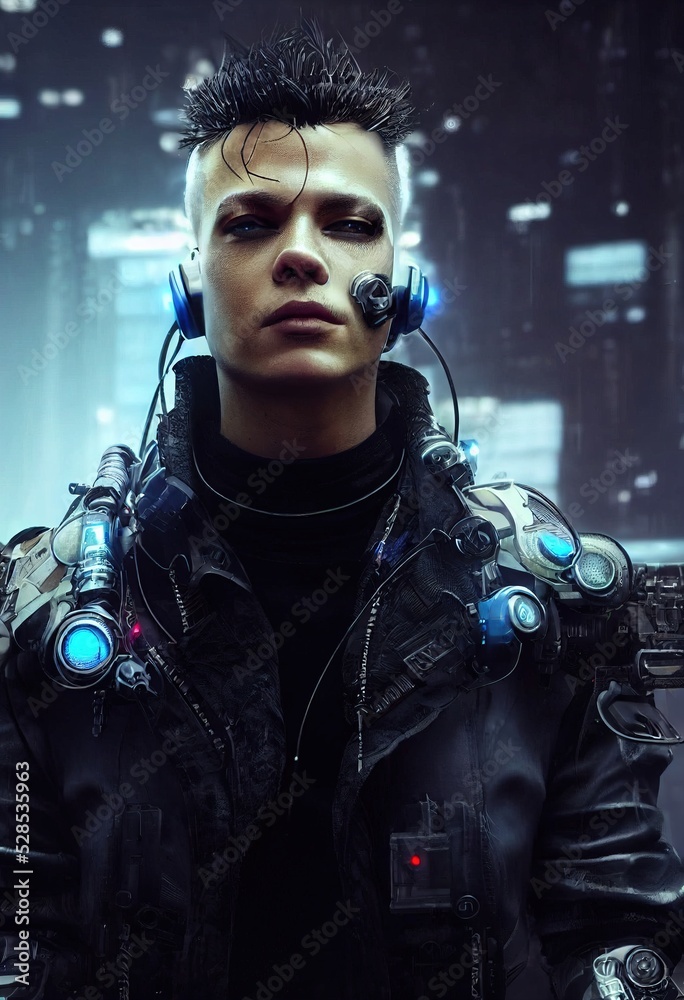 A realistic portrait of a man wearing a cyberpunk headset and cyberpunk ...
