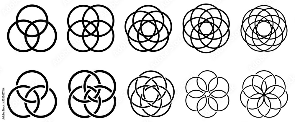 Simple overlapping circles vector drawing, version with three to seven ...