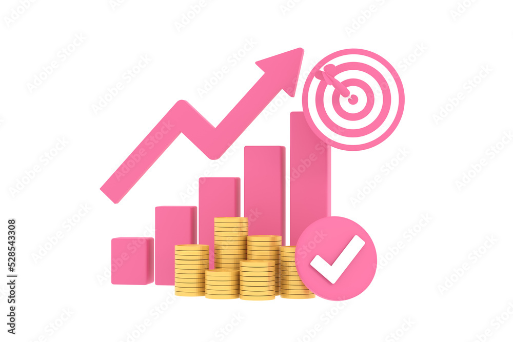3D. Pink rising arrow, profit bar graph and shield with multiple ...