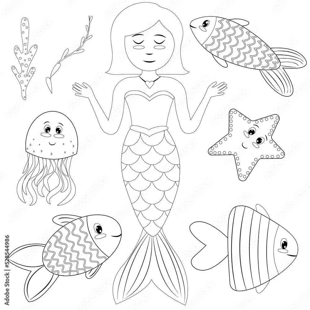 cute little mermaid, fishes, starfish and octopus, children vector ...